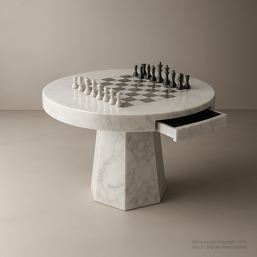 Marble Chess Table – White With Drawers — Decur.co.uk